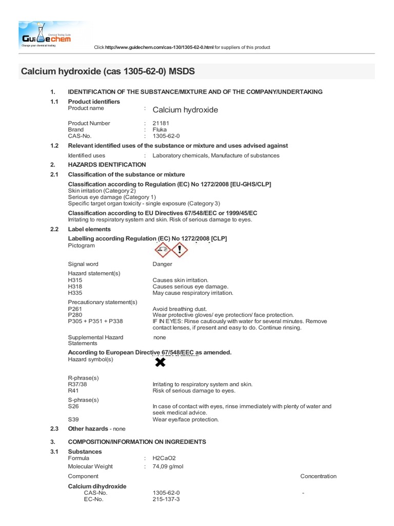 Calcium Hydroxide | PDF | Toxicity | Personal Protective Equipment