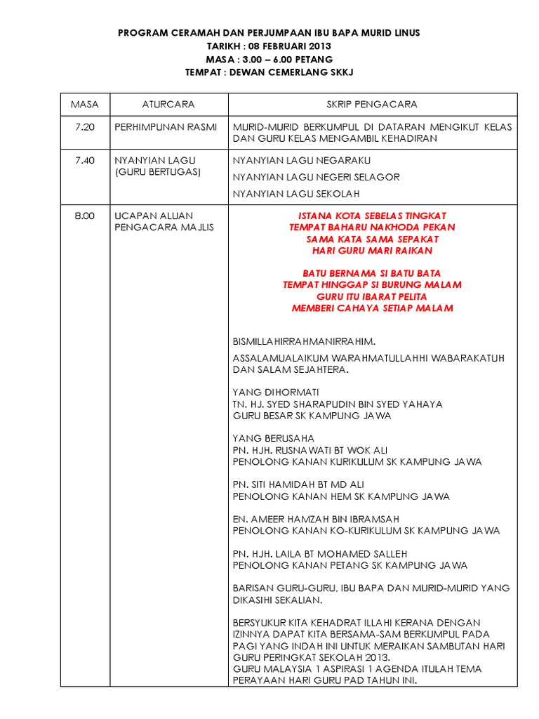 Teks Pengacara Majlis Sambutan Hari Guru | PDF