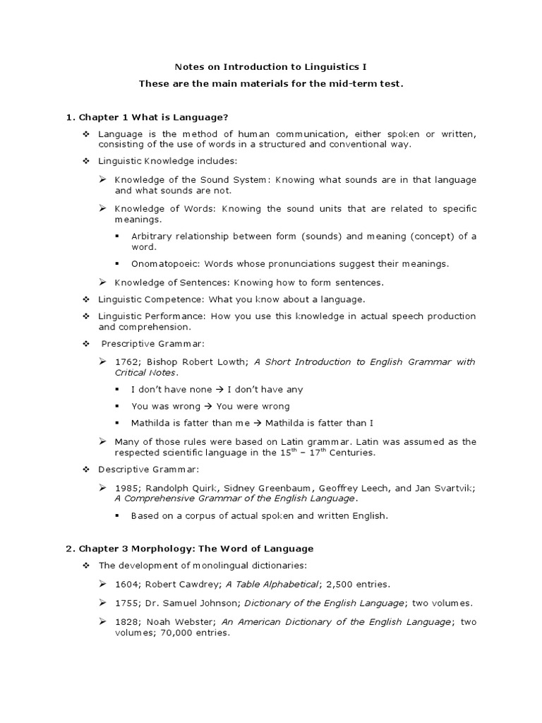 Notes On Introduction To Linguistics I These Are The Main Materials For ...