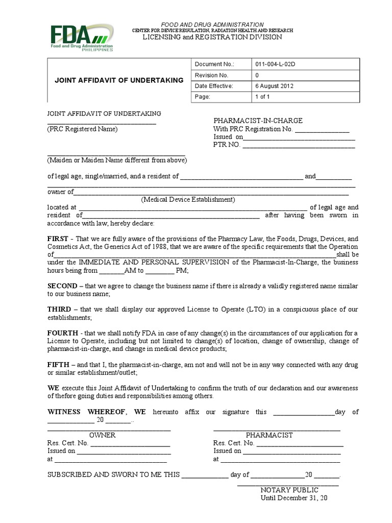 Joint Affidavit of Undertaking | PDF | Pharmacy | Food And Drug ...