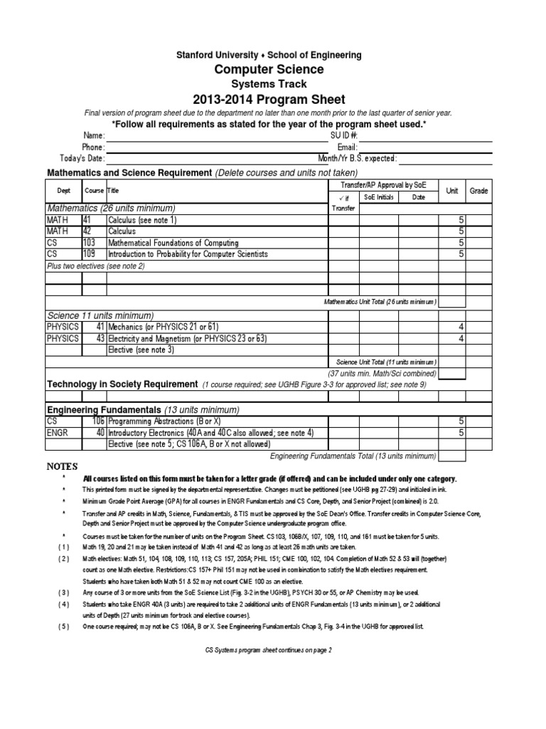 Computer Science 2013-2014 Program Sheet: Systems Track | PDF ...