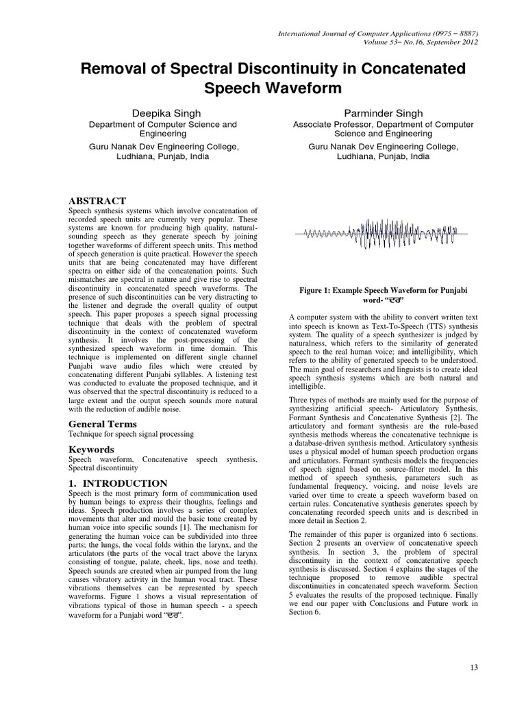 Removal of Spectral Discontinuity in ConcatenatedSpeech Waveform | PDF | Speech Synthesis ...