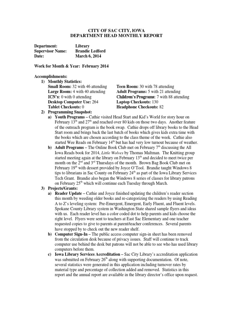 February 2014 Sac City Library Department Head Report | PDF | Libraries ...