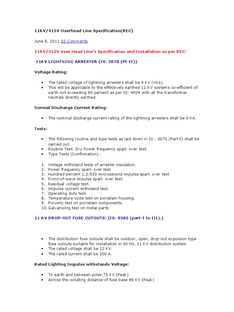 11KV 415V Overhead Line Specification | PDF | Insulator (Electricity ...