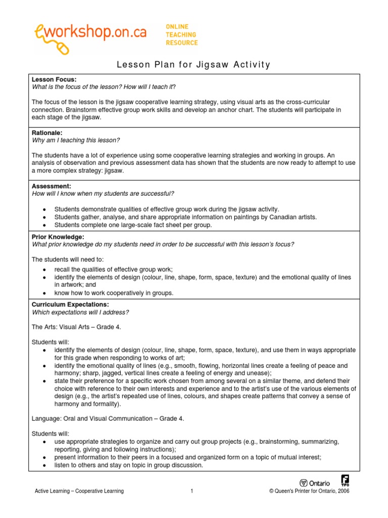 Lesson Plan For Jigsaw Activity | PDF | Expert | Cognition