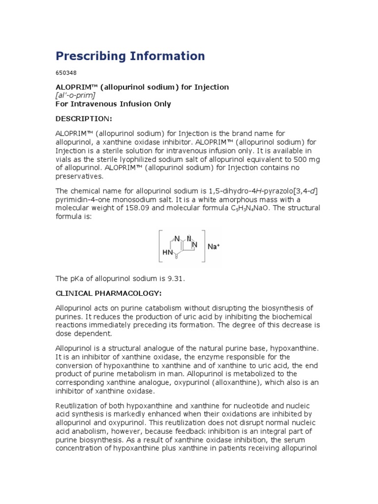 Prescribing Information: ALOPRIM™ (Allopurinol Sodium) For Injection ...