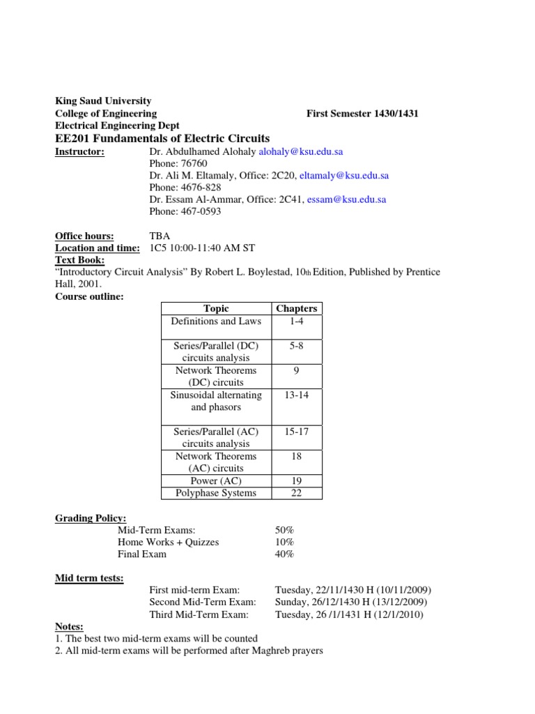 King Saud University College of Engineering Electrical Engineering Dept ...