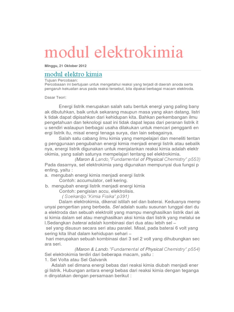 Modul Elektrokimia | PDF | Metode & Bahan Ajar | Teknologi & Rekayasa