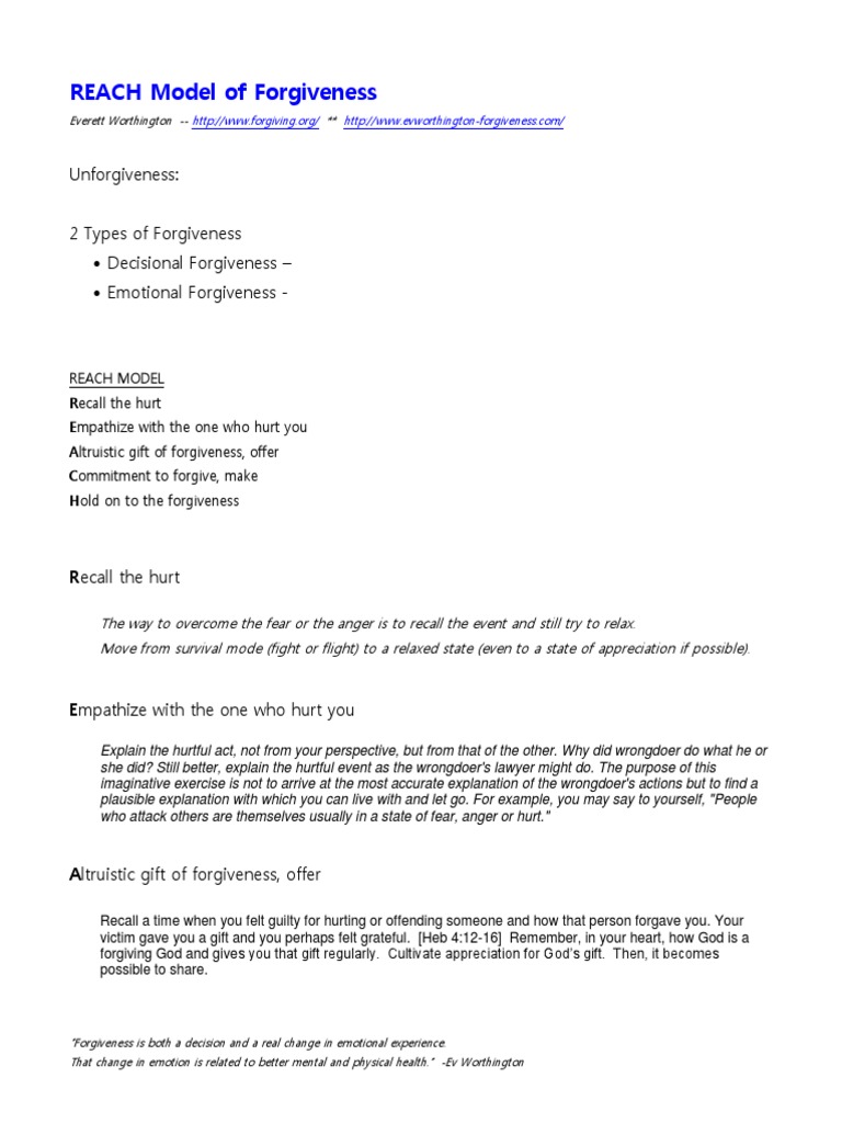 REACH - Forgiveness Model - Everett Worthington | PDF | Forgiveness ...