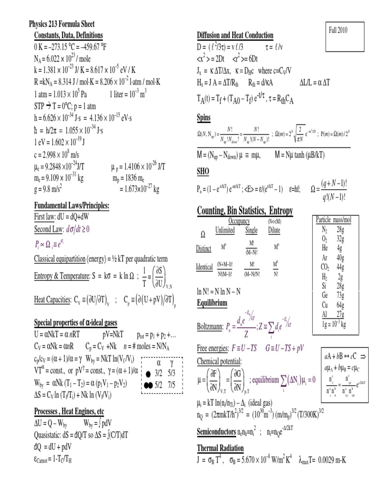 UIUC Phys 213 Formula | PDF | Statistical Mechanics | Physical Sciences