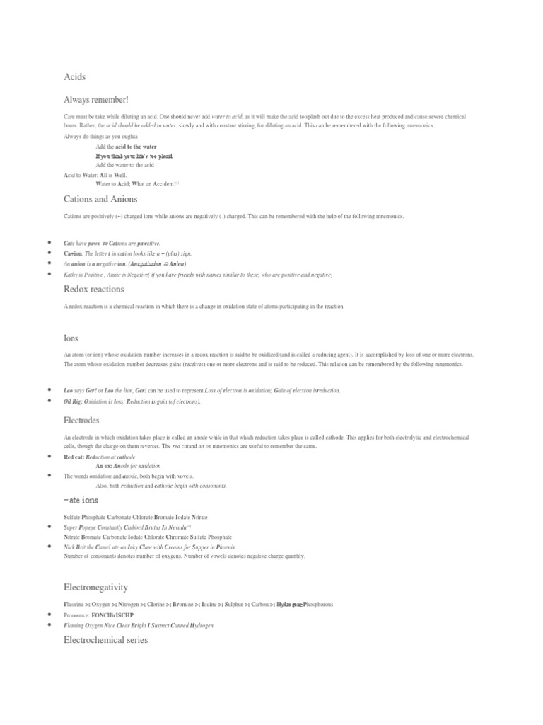 Chemistry Mnemonics | PDF | Redox | Ion