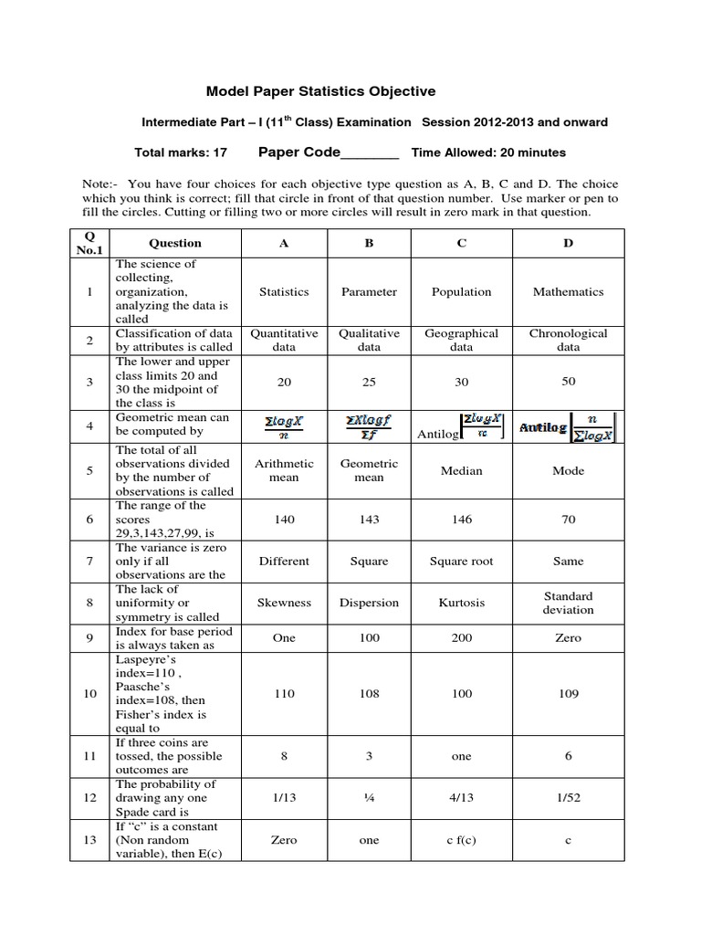 11th Stat Model Paper | PDF | Arithmetic Mean | Mean