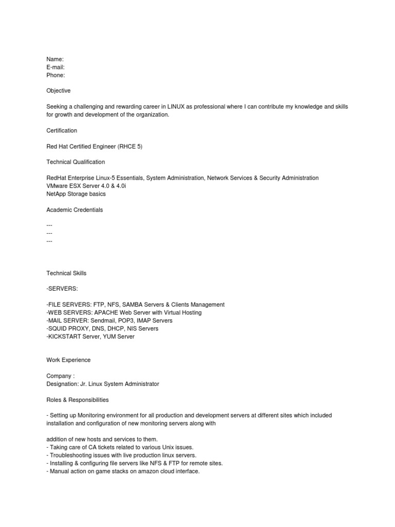 Linux Fresher Resume | Linux | System Administrator
