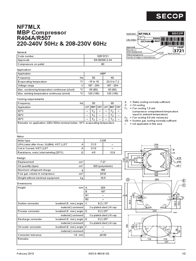 Nf7Mlx MBP Compressor R404A/R507 220-240V 50Hz & 208-230V 60Hz | PDF ...