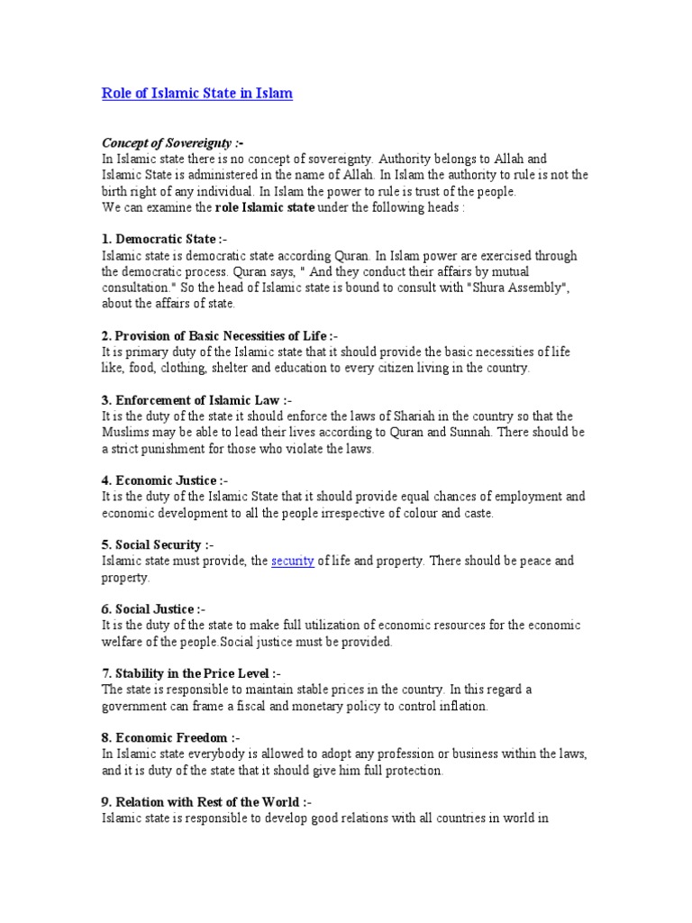 Role of Islamic State in Islam | PDF | Sharia | Social Institutions