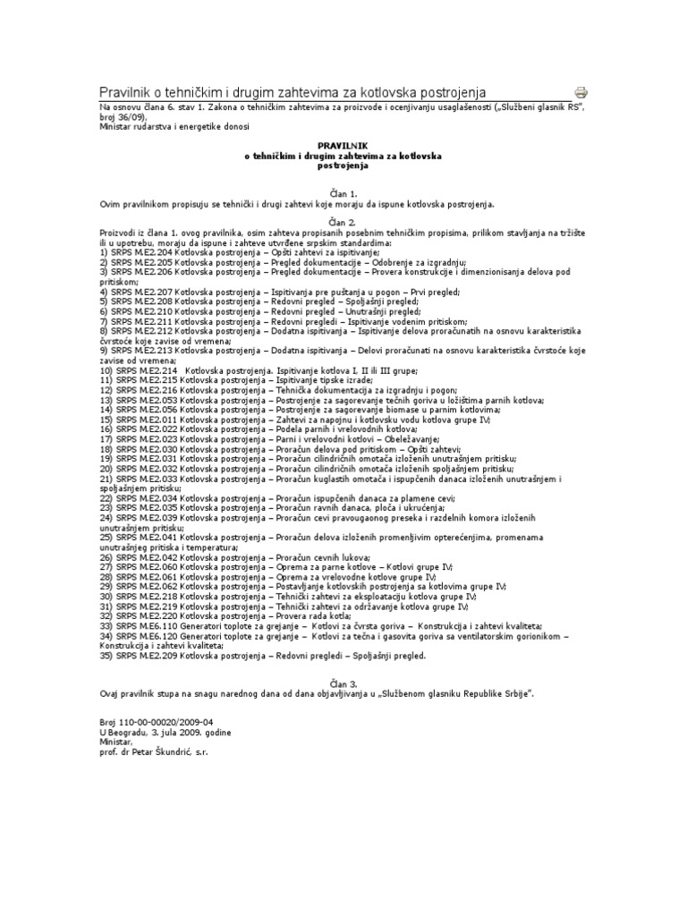 Pravilnik o Tehnickim I Drugim Zahtevima Za Kotlovska Postrojenja | PDF
