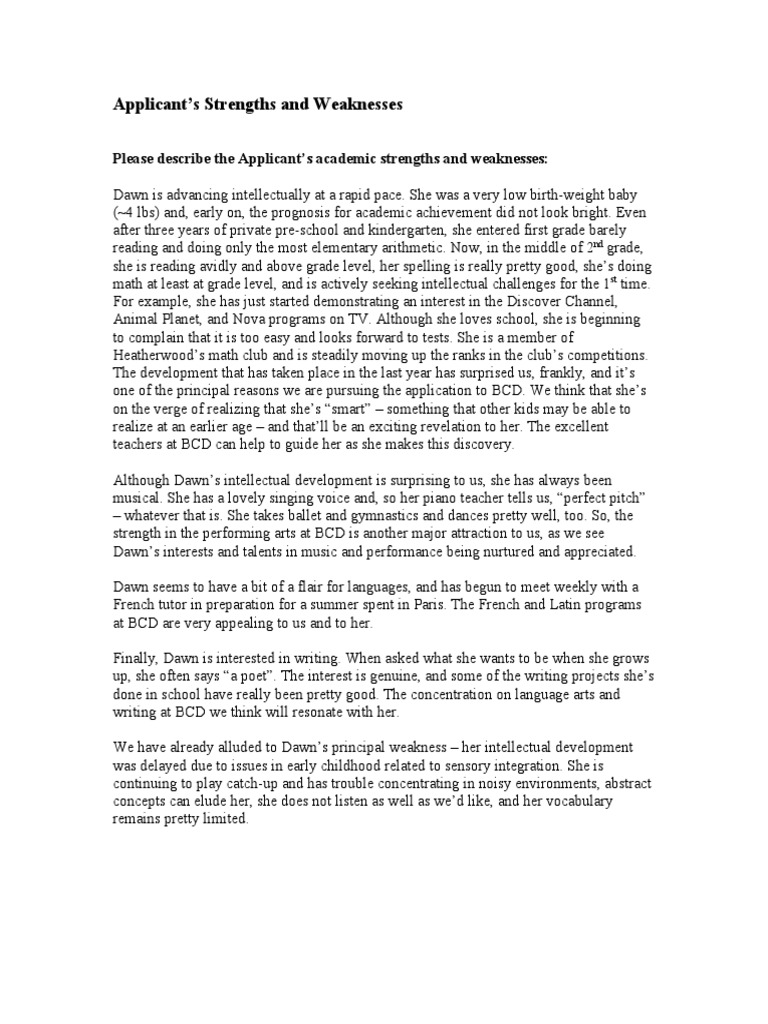 Applicant's Strengths and Weaknesses | PDF | Cognition | Schools