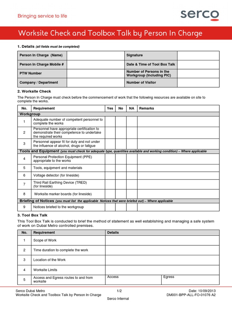 DM001 ENM ALL FO 01076 A2 Worksite Check Tool Box Talk PIC | PDF ...
