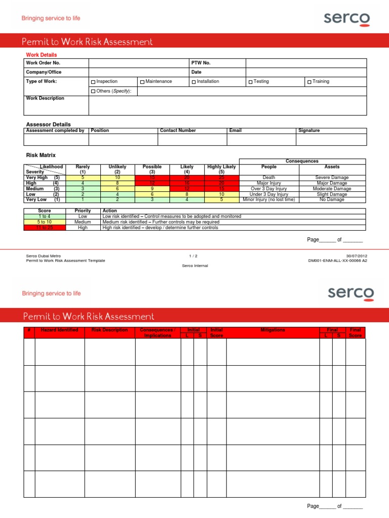 Permit To Work Risk Assessment Template | PDF