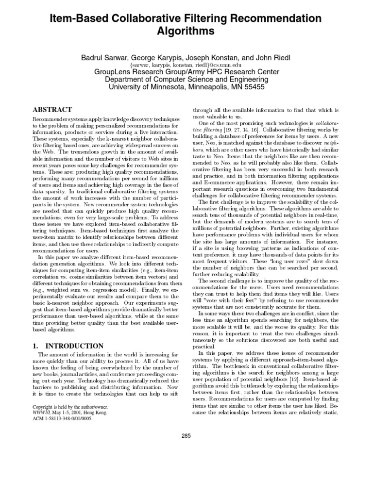 Item-Based Collaborative Filtering Recommendation Algorithms | PDF ...