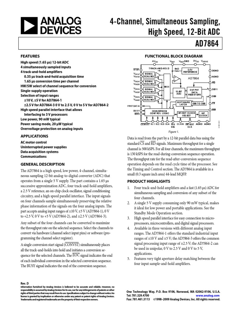 4-Channel, Simultaneous Sampling, High Speed, 12-Bit ADC AD7864 | PDF | Analog To Digital ...