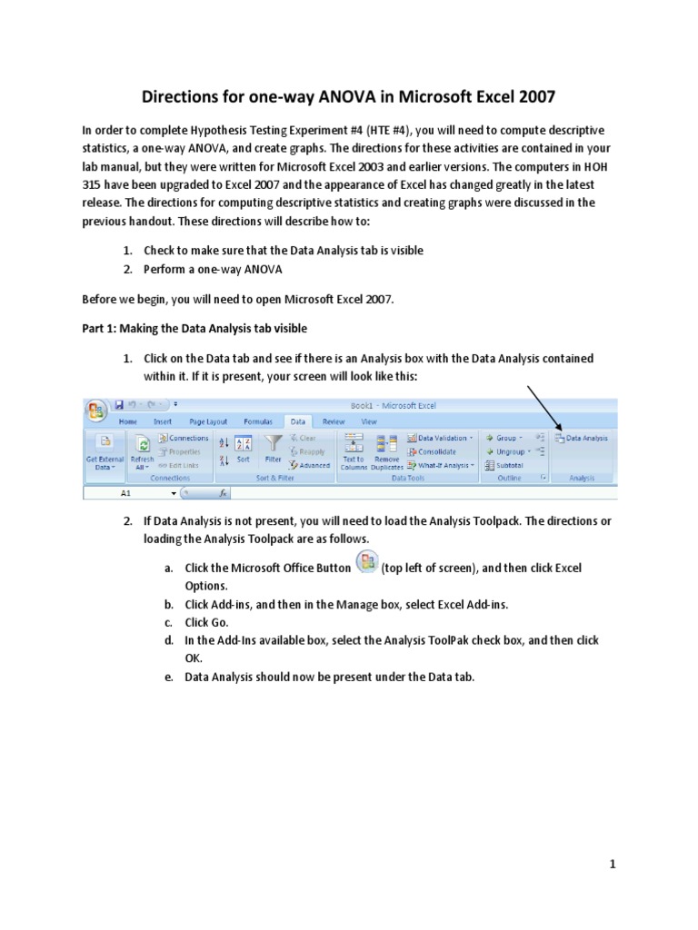 Directions For One-Way ANOVA in Microsoft Excel 2007: Part 1: Making ...