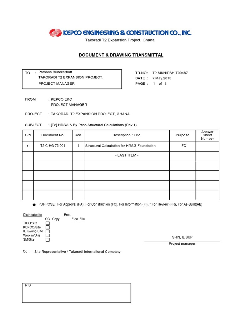 Document & Drawing Transmittal: Takoradi T2 Expansion Project, Ghana ...
