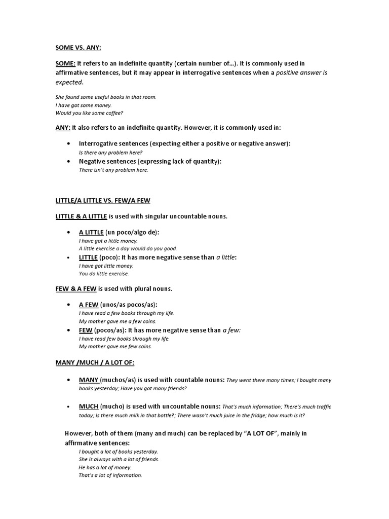 Some Any Much Many A Lot Of A Few A Little Exercises Pdf