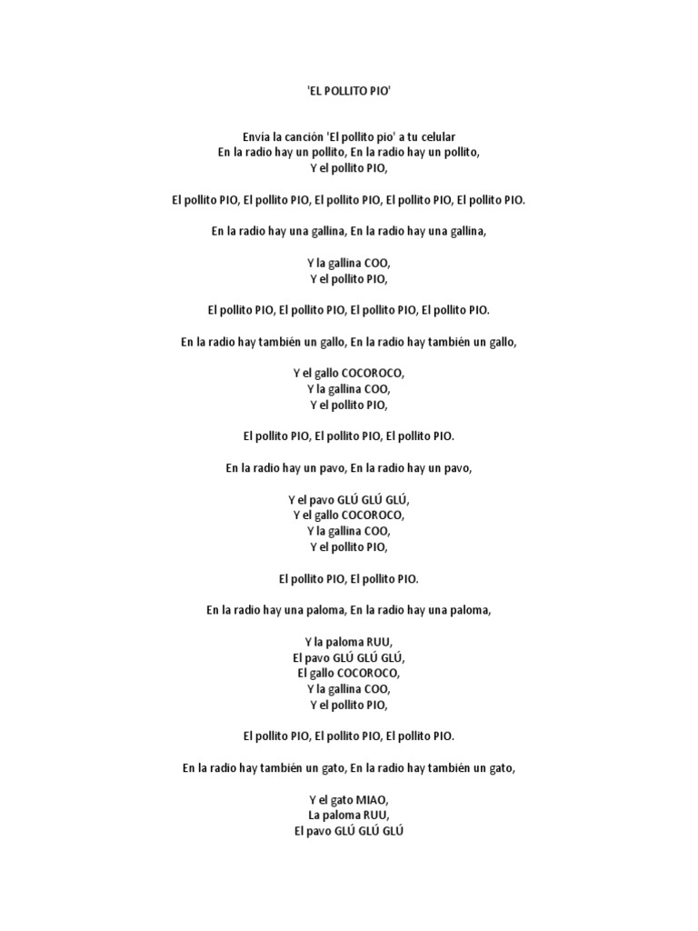 Cancion Del Pollito Pio Espanol