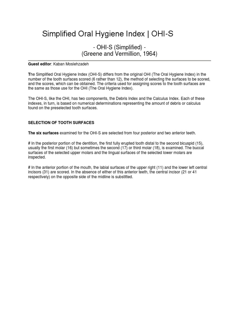 Simplified Oral Hygiene Index (OHI-S) | PDF | Tooth | Anatomical Terms ...
