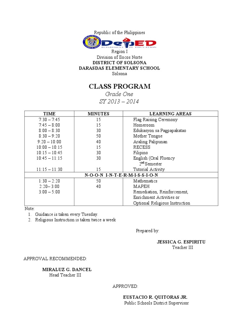 Class Program: Grade One SY 2013 - 2014 | PDF | Schools | Further Education