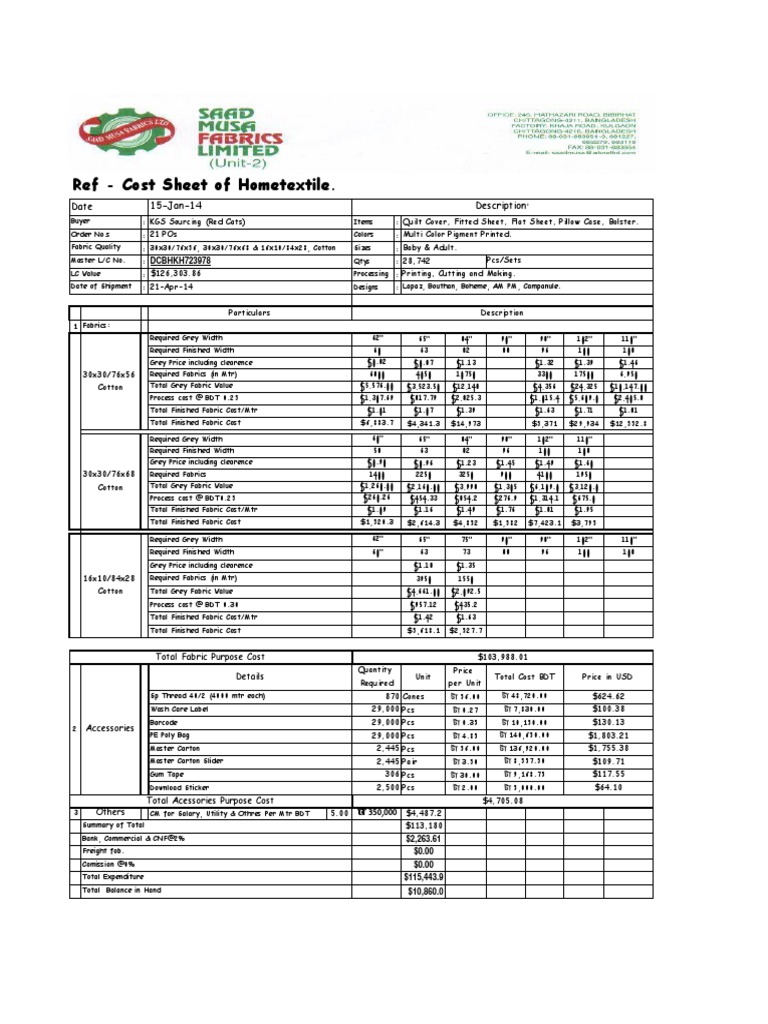 Cost Breakdown Sheet Sample | PDF | Textiles | Business