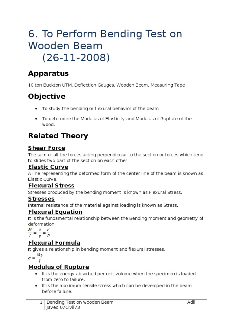 Bending Test On Wooden Beam | PDF | Bending | Young's Modulus
