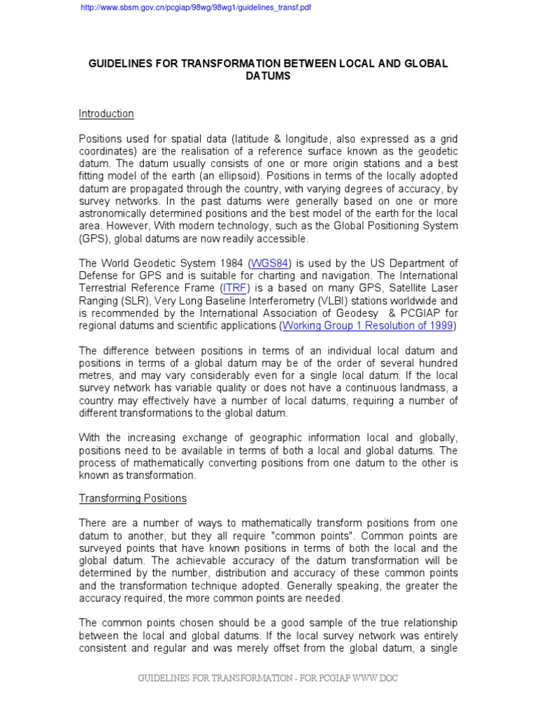 Guidelines For Transformation Between Local And Global Datums Pdf
