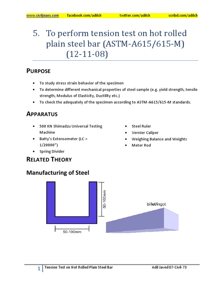 Tension Test On Hot Rolled Plain Steel Bar (ASTM-A615/615-M) | PDF ...