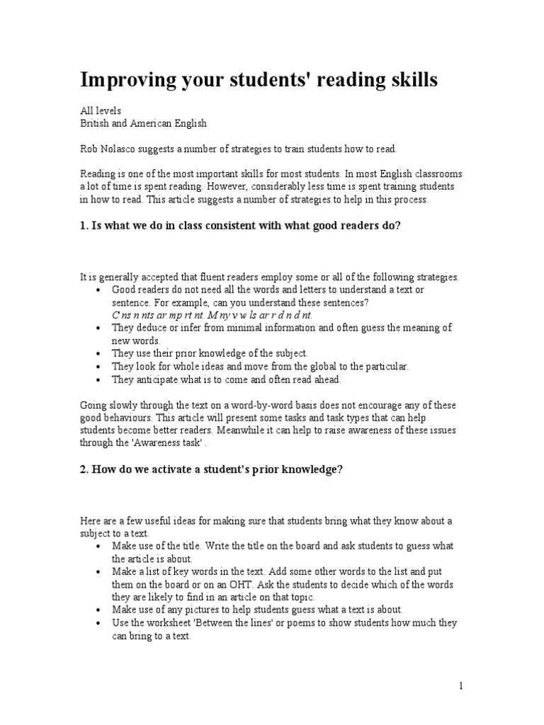 Strategies to Enhance Student Reading Skills | PDF | Reading (Process ...