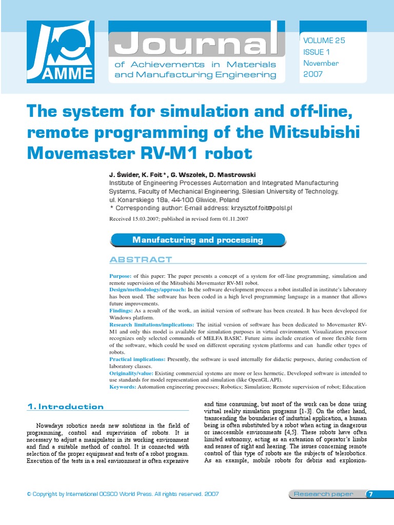 The System For Simulation and Off-Line, Remote Programming of The ...