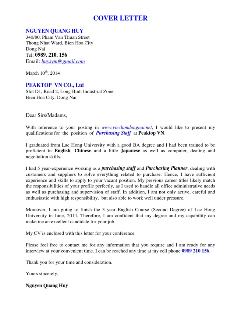 Nguyen Quang Huy - Cover Letter & CV | PDF | Business