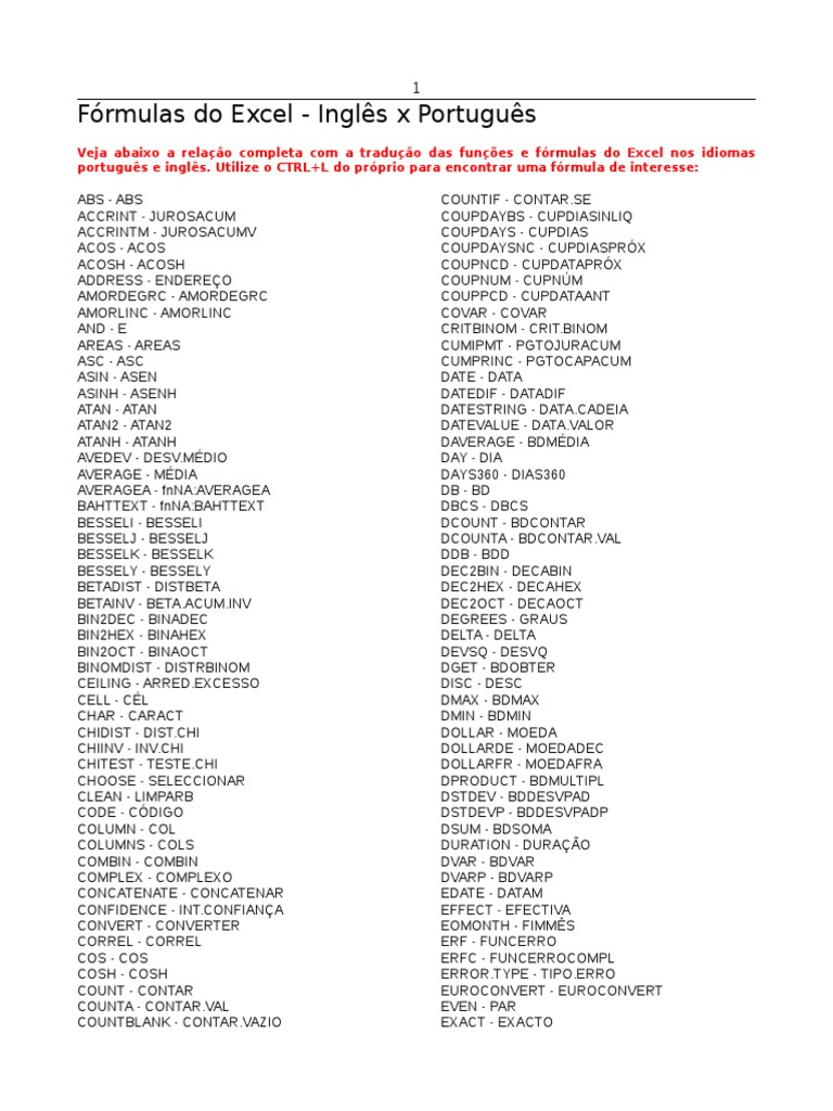 Formulas Do Excel Ingles Versus Portugues | Download grátis PDF ...