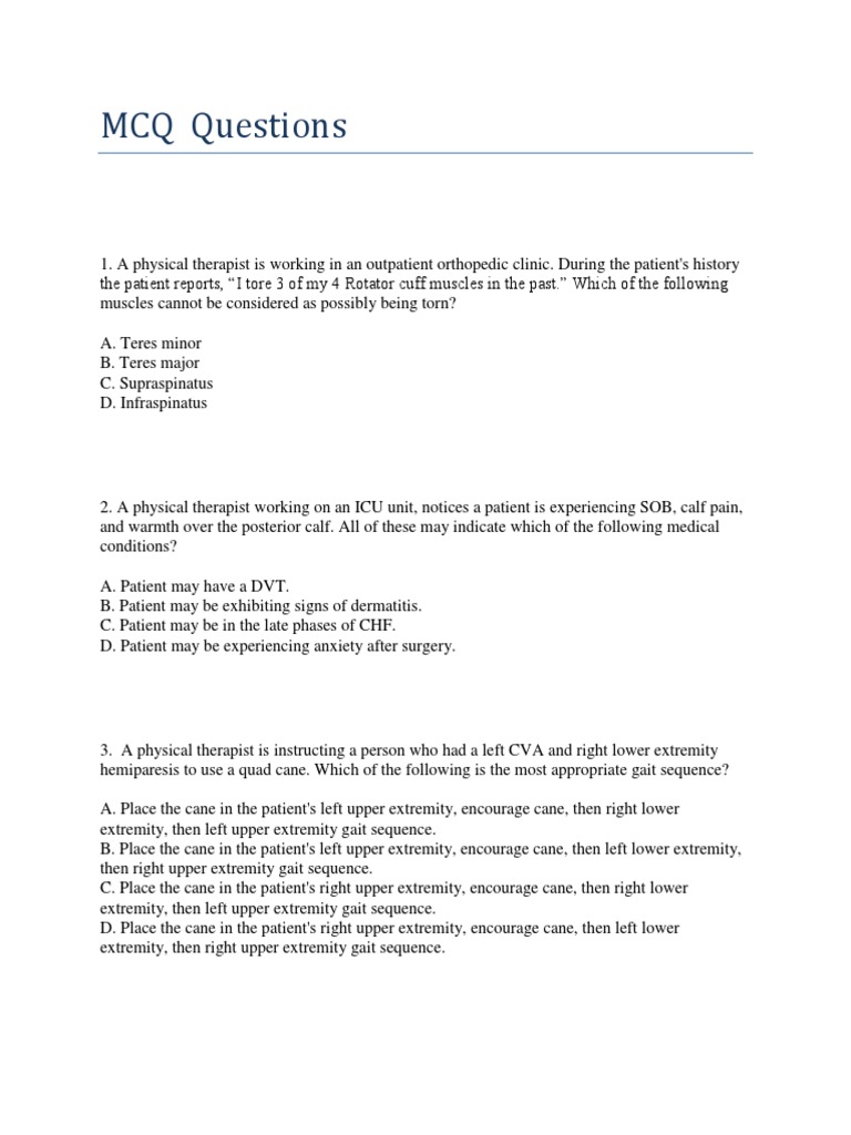 Physiotherapy MCQs for Exam Preparation | PDF | Physical Therapy | Ankle