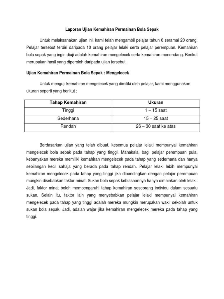 Laporan Ujian Kemahiran Permainan Bola Sepak | PDF