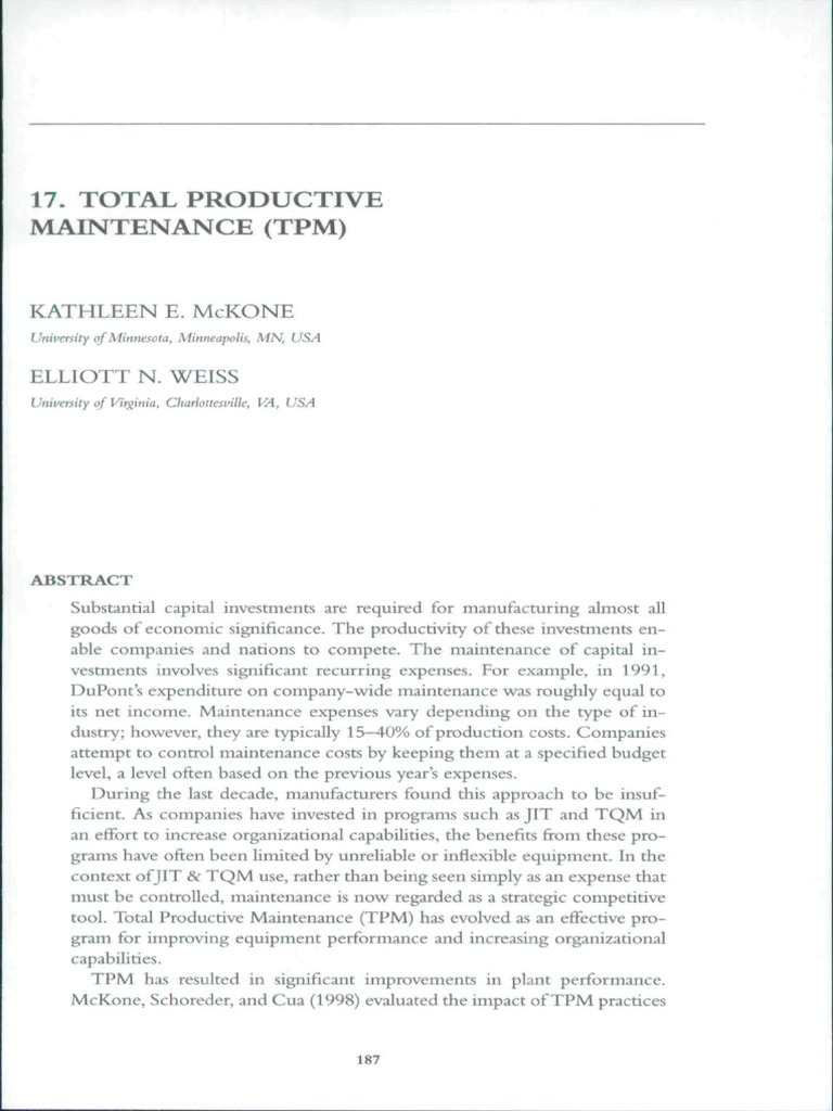Total Productive Maintenance | PDF | Reliability Engineering | Lean ...
