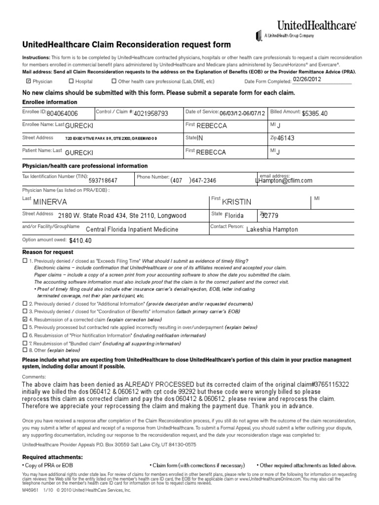 Uhc Appeal Form For Corrected Claim | PDF | Health Care | Health Economics