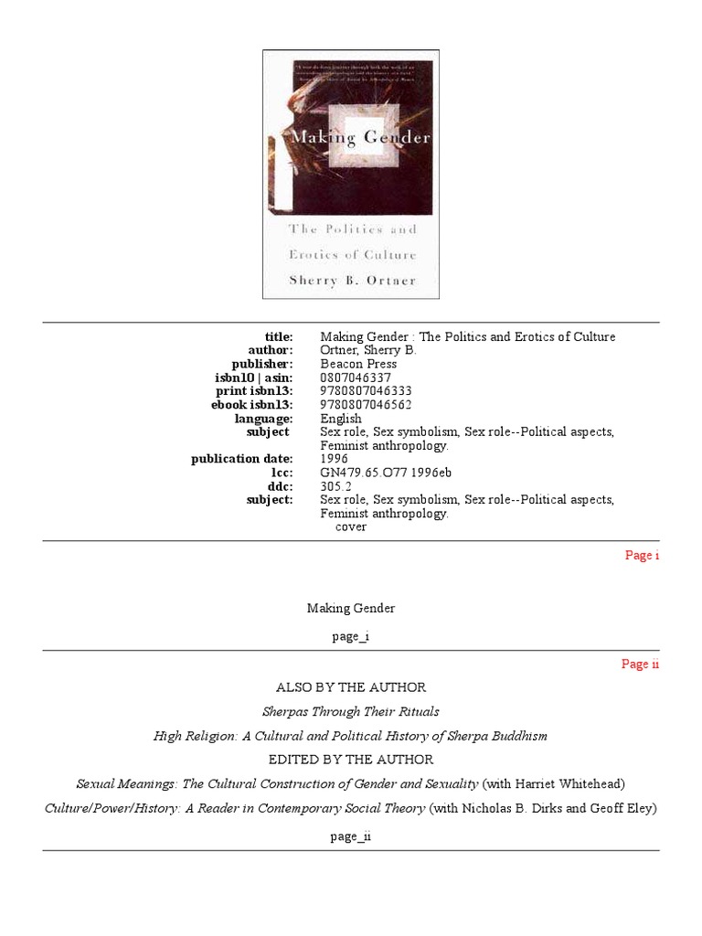 Sherry B. Ortner Making Gender The Politics and Erotics of Culture 1996 ...