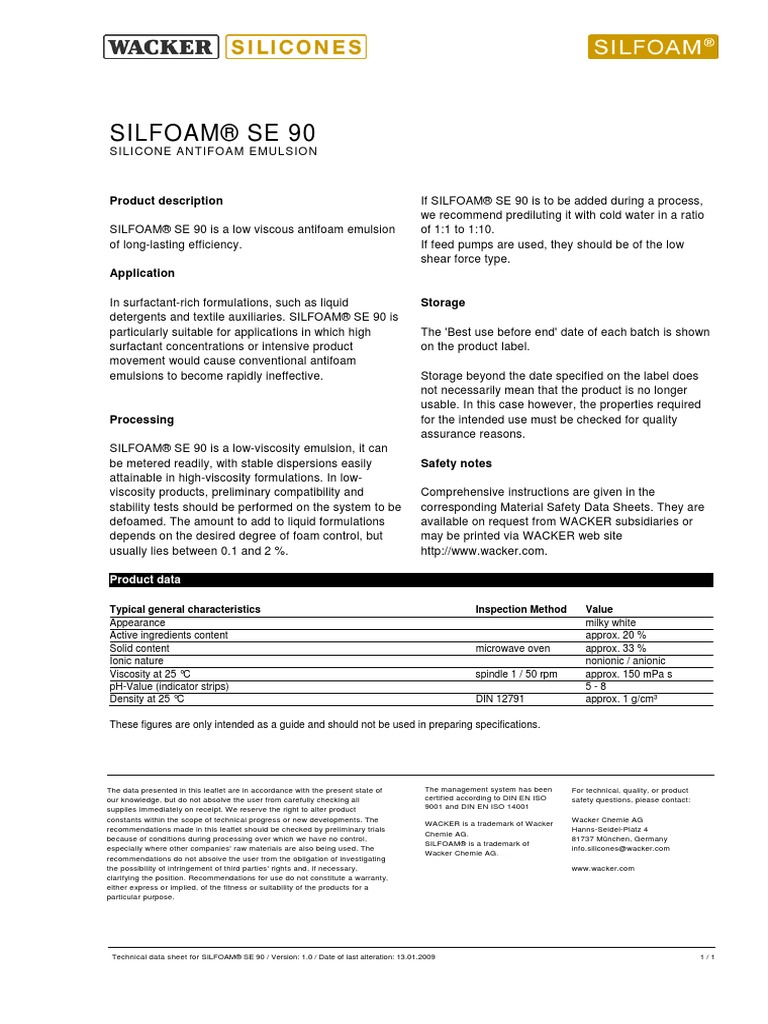 Tds Silfoam Se 90 | PDF | Emulsion | Viscosity