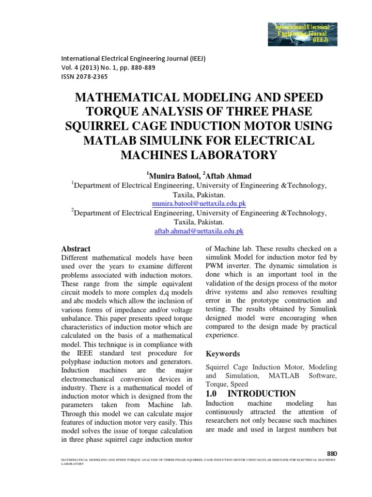 Mathematical Modeling And Speed Torque Analysis Of Three Phase Squirrel Cage Induction Motor