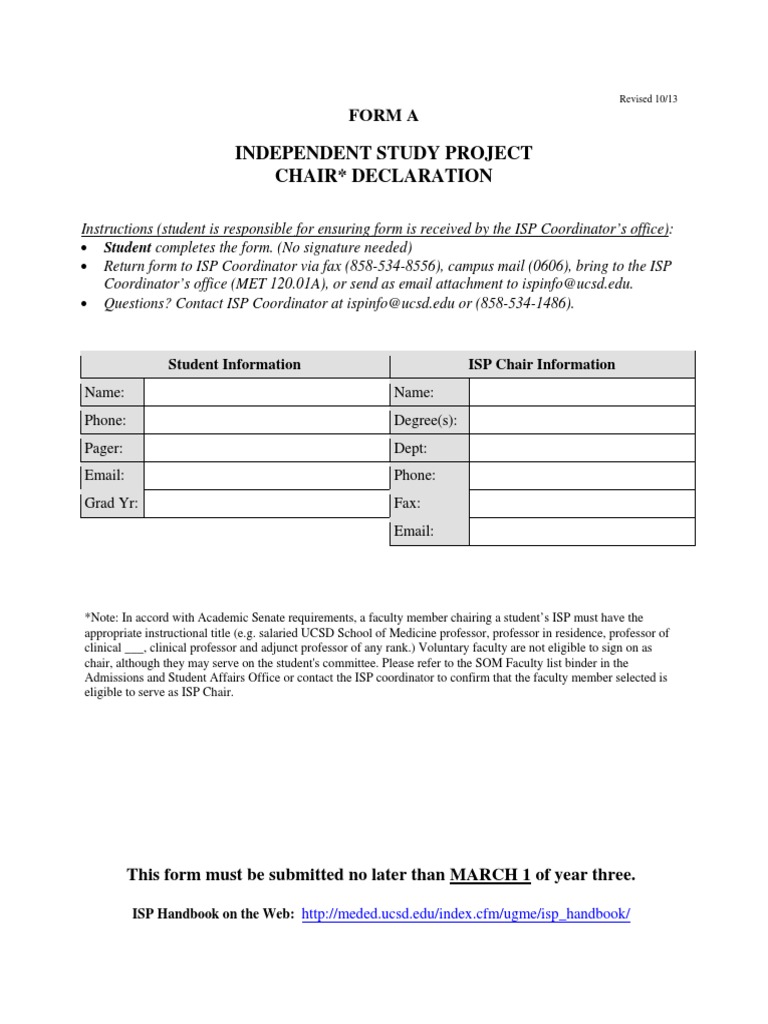 Independent Study Project Chair Declaration: Form A | PDF