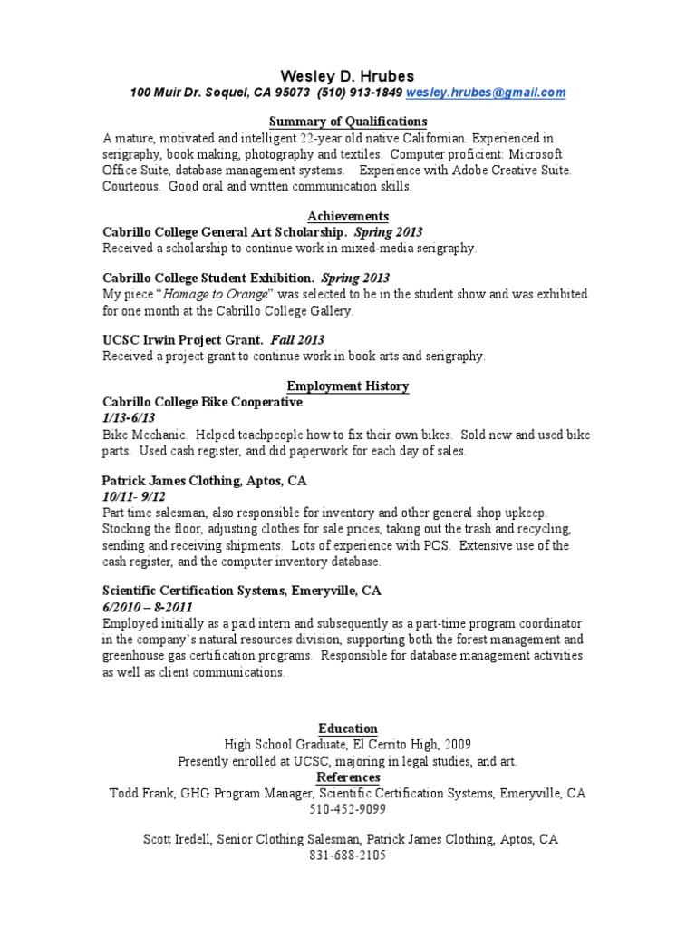 Wesley Hrubes: Art & Employment Resume | PDF | Business | Art