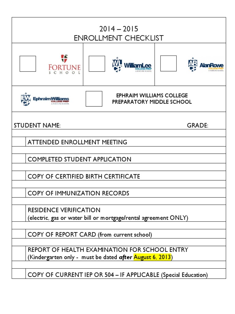 2014 - 2015 Enrollment Checklist: Ephraim Williams College Preparatory ...