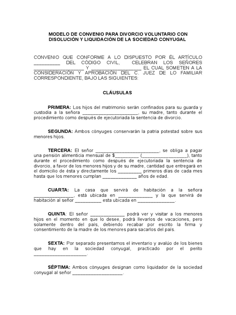 Modelo de Convenio para Divorcio Voluntario Con Disolucion y Liquidacion de La Sociedad Conyugal ...